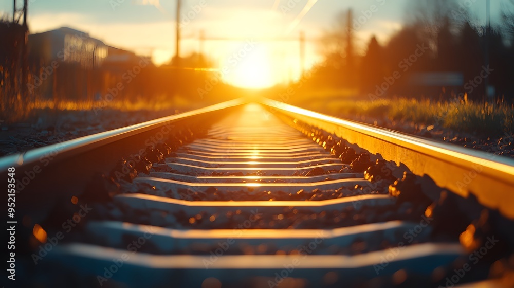 Railway tracks stretching into the distance, bright sunlight, golden hour glow, clear blue sky ...