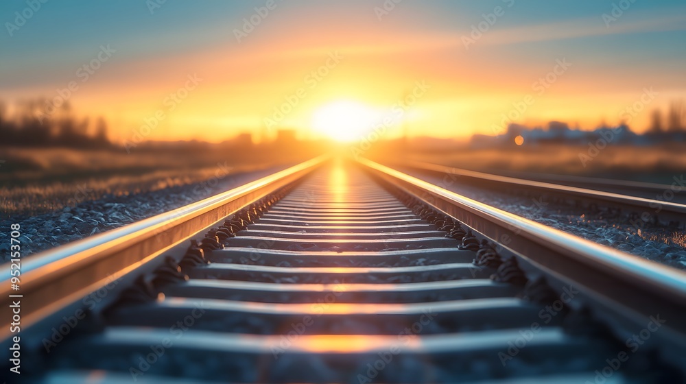 Railway tracks stretching into the distance, bright sunlight, golden hour glow, clear blue sky ...