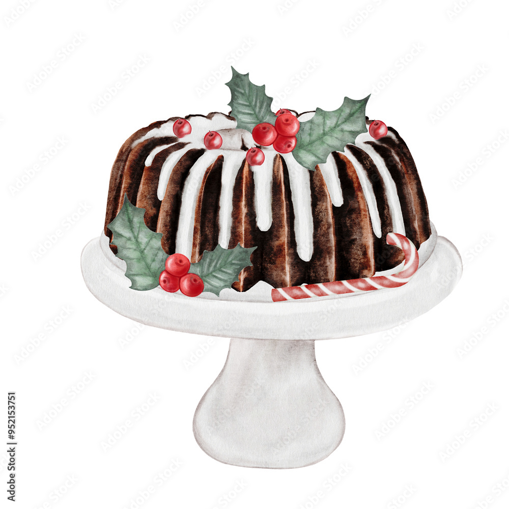 Christmas cake. Hand drawn watercolor traditional holiday cake on a ...