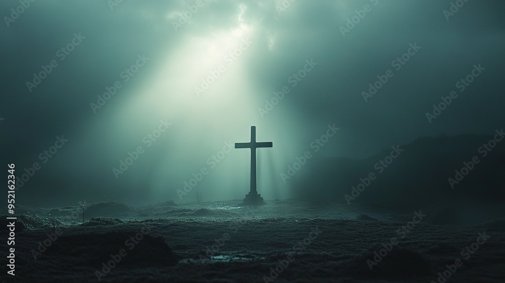 Dramatic image showing a religious church cross framed against a moody ...