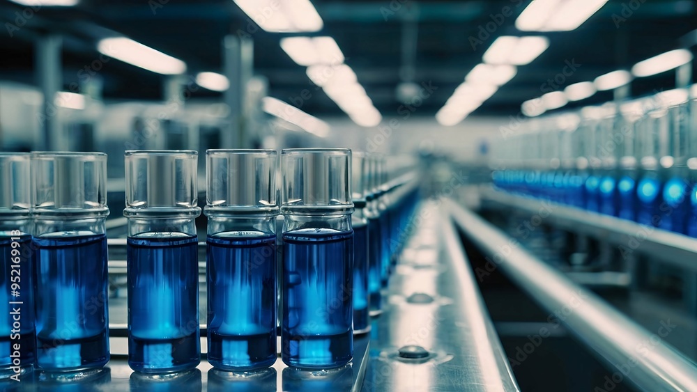Pharmaceutical production line showcasing clear glass bottles filled ...