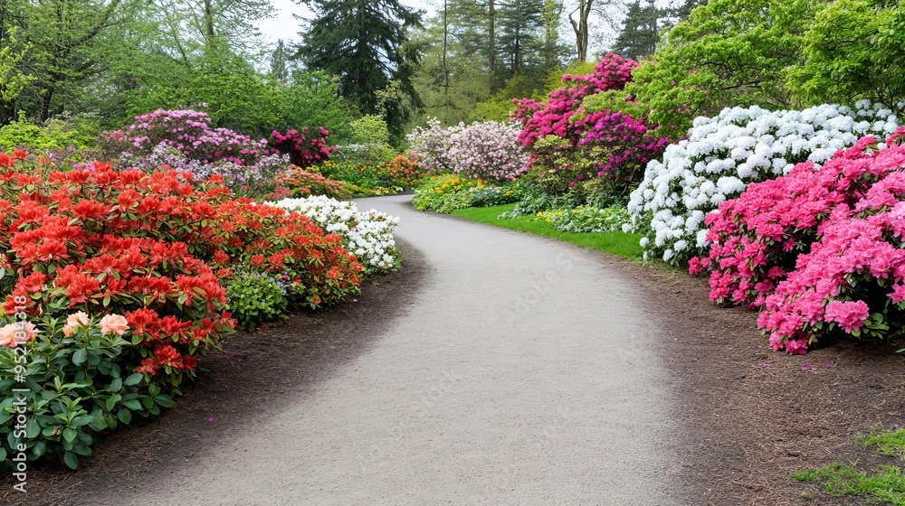 Flowering shrubs garden path lined with blooming azaleas, hydrangeas ...