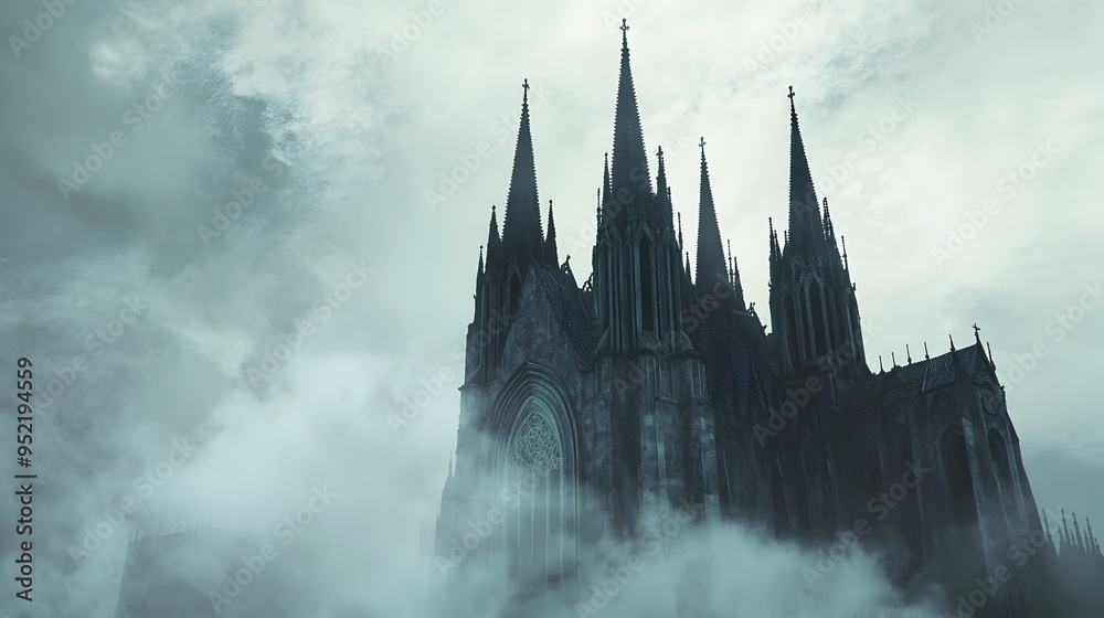 Majestic Gothic Cathedral Rising Above the City Skyline Through Gloomy ...