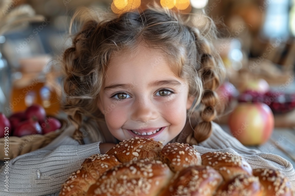 Jewish Child eating Rosh Hashanah challah bread, a family around a ...