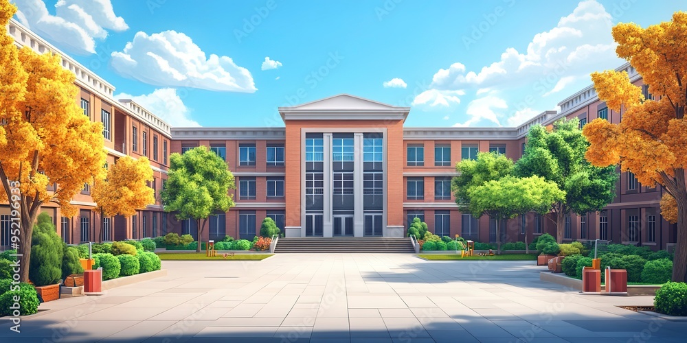 Exterior view of public school building yard. Education college or ...
