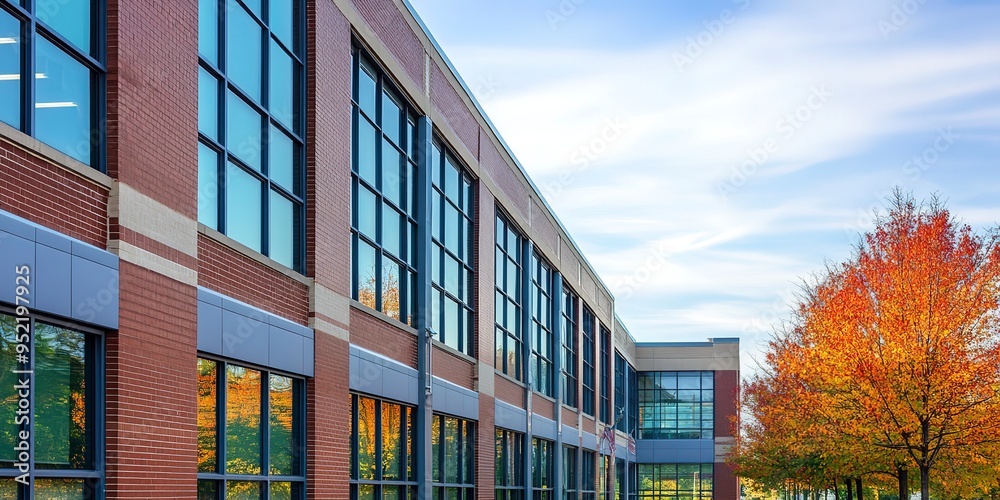 Typical American school building exterior with brick facade and large ...