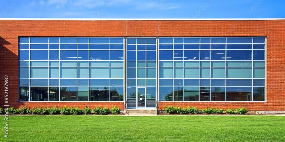 Typical American school building exterior with brick facade and large ...