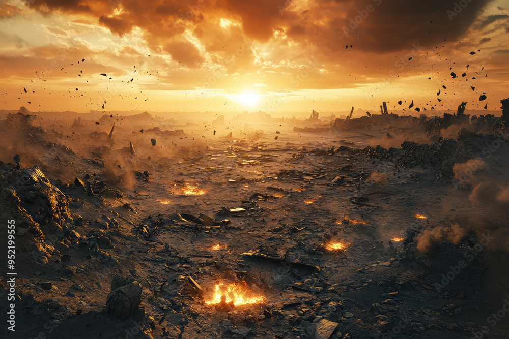 A fiery sunset casts an eerie glow over a desolate, war-torn landscape ...