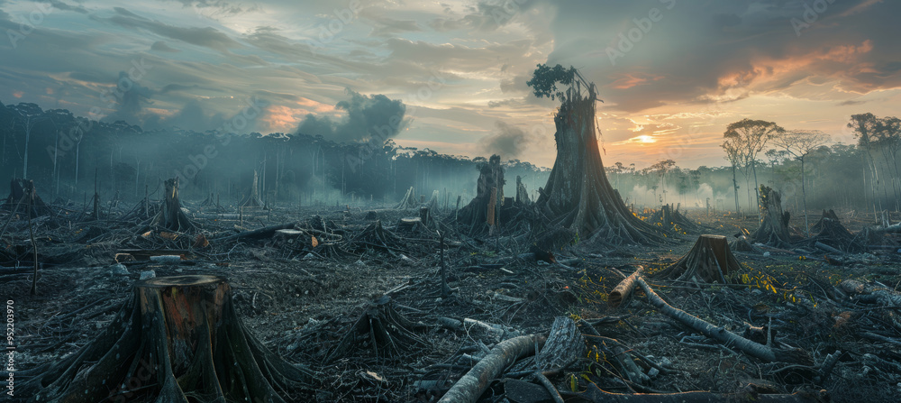 Deforestation Aftermath at Sunset: Forest Reduced to Stumps and Debris ...