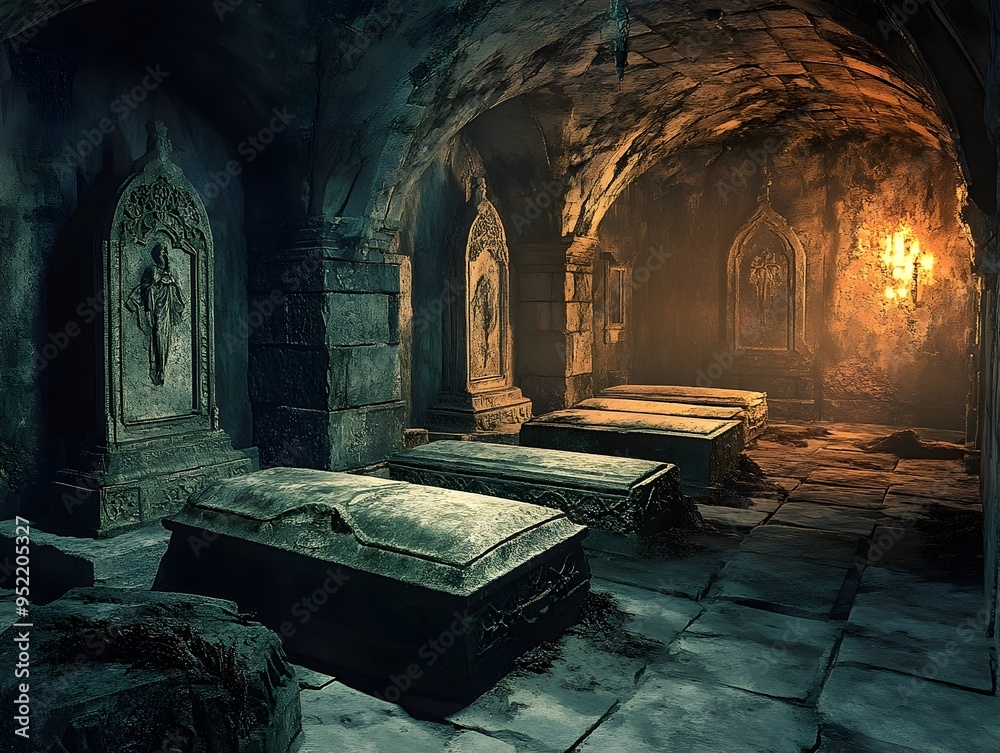 Dimly Lit Crypt with Mysterious Ancient Sarcophagi and Candles in ...