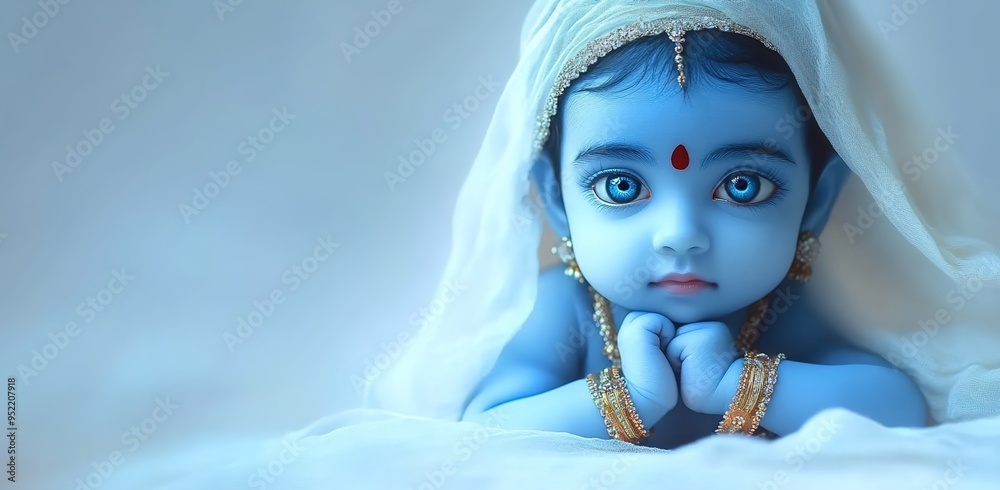 Cute little baby Krishna with blue skin on light background. Birthday ...