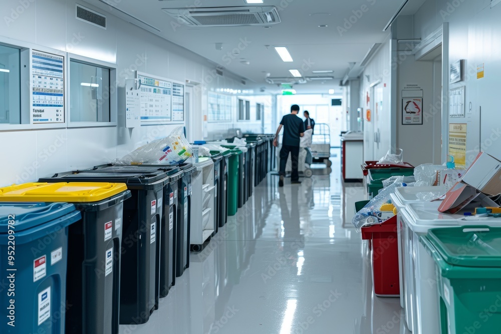 Hospital Waste Disposal Room with Multiple Bins and Staff Sorting ...