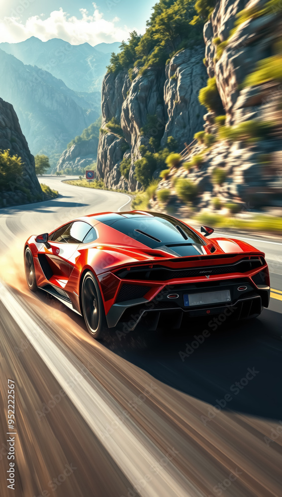 supercar in a high-speed race on a winding mountain road, surrounded by ...