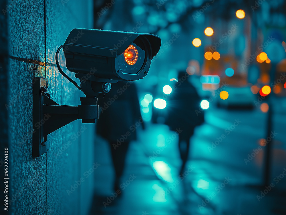 A surveillance camera is mounted on a wall, monitoring a bustling city ...
