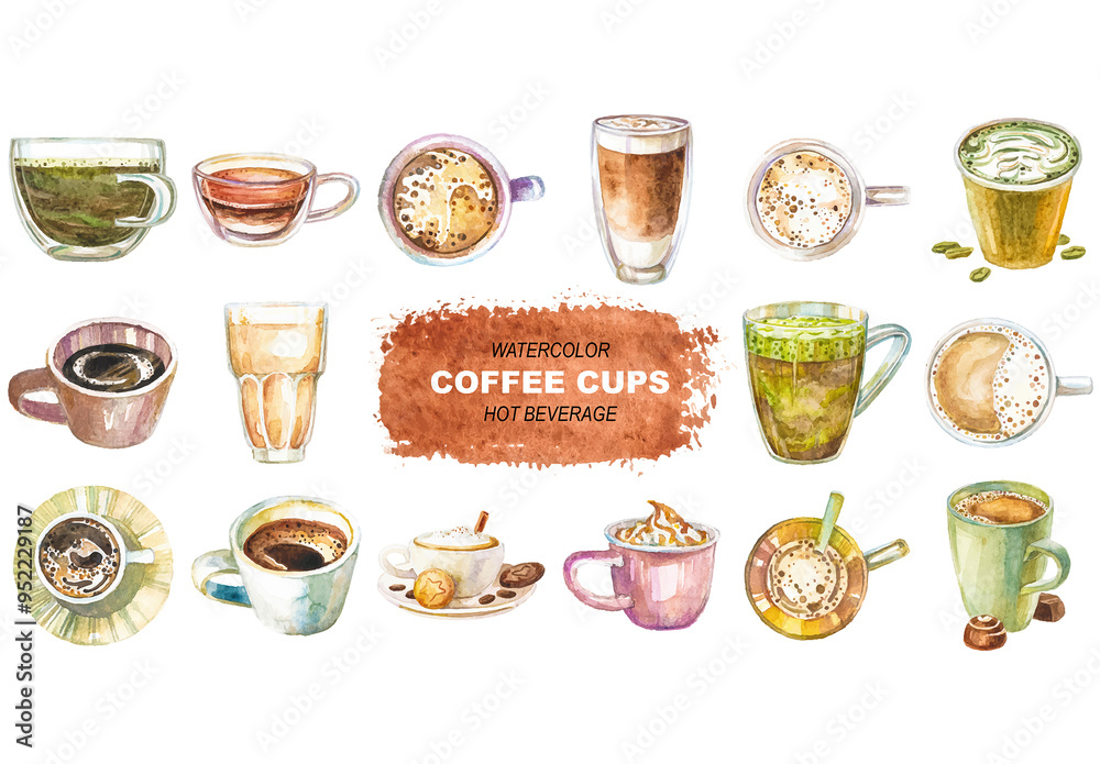 Vector watercolor painted coffee cups clipart. Hand drawn elements ...