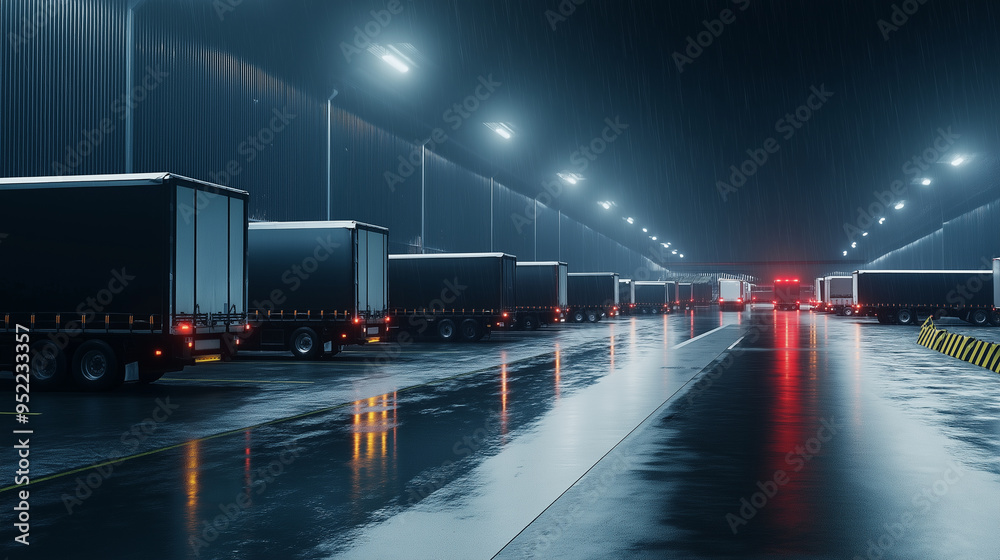 A sleek loading dock with multiple delivery trucks backed up to the ...