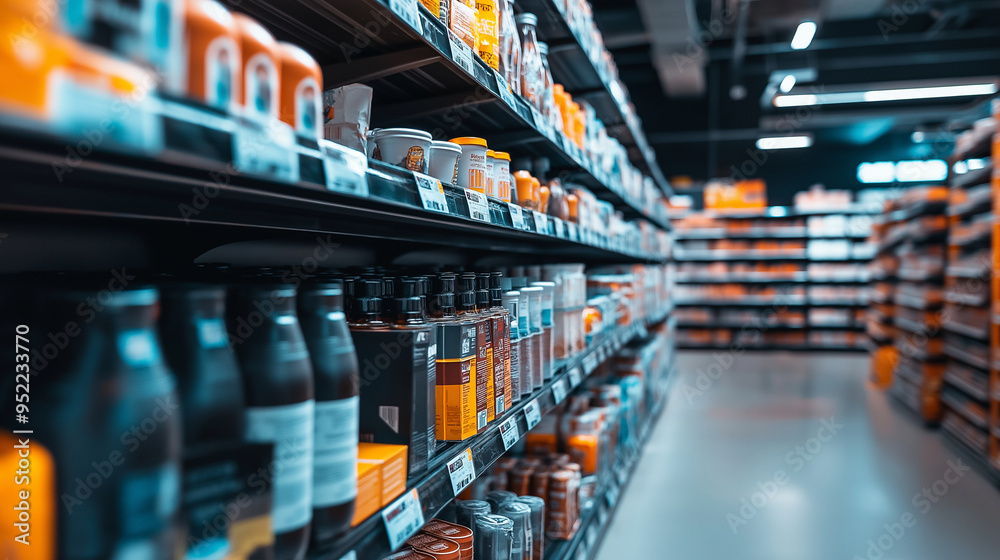 Rows of shelving units filled with various products neatly organized ...