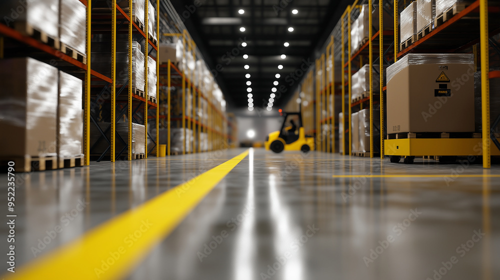 A warehouse with a focus on workplace safety, featuring clear signage ...
