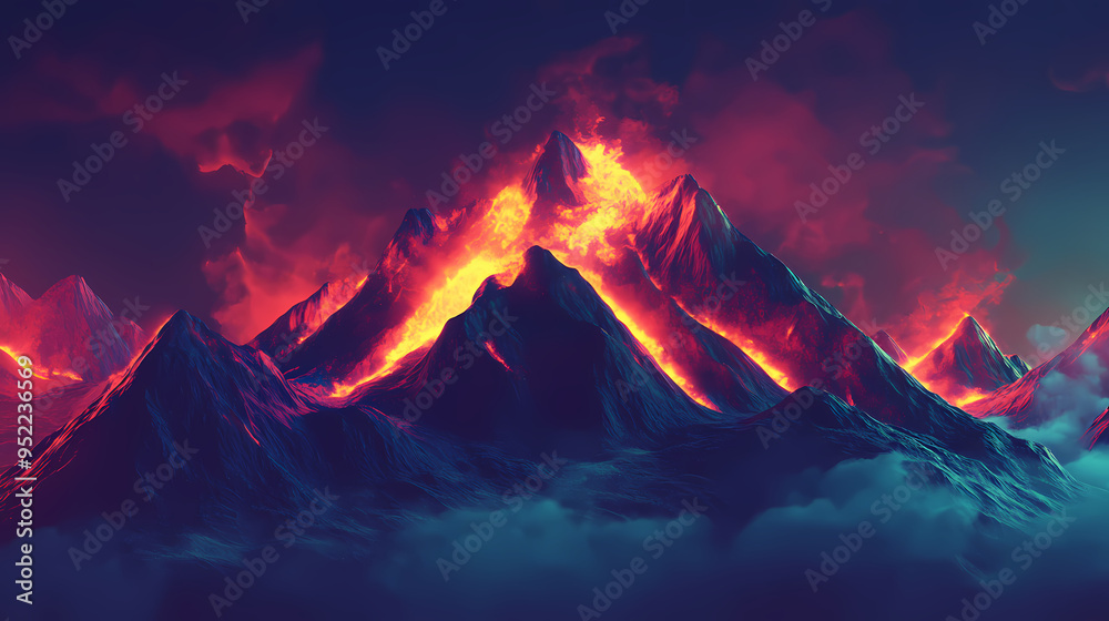 Dark fantasy mountain landscape, fire in the hills, volcano eruption ...