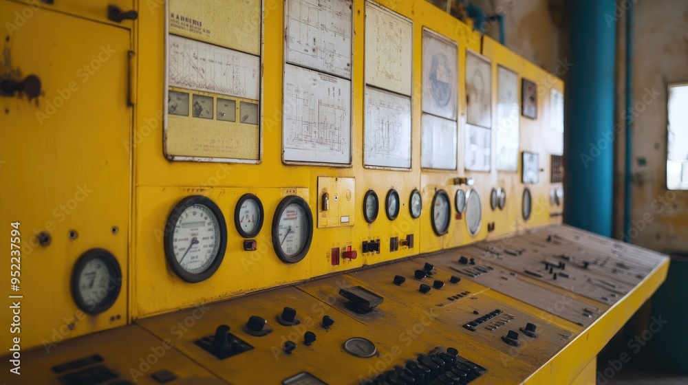 Vintage Yellow Control Panels with Sensors and Dials in Abandoned Mine ...