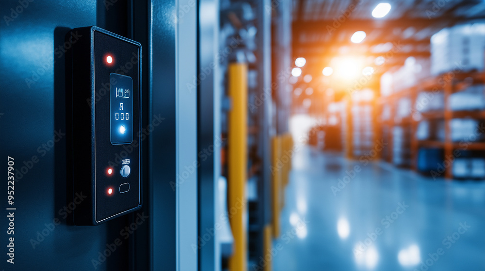 A close-up of a smart lock system on a warehouse door, integrated with ...