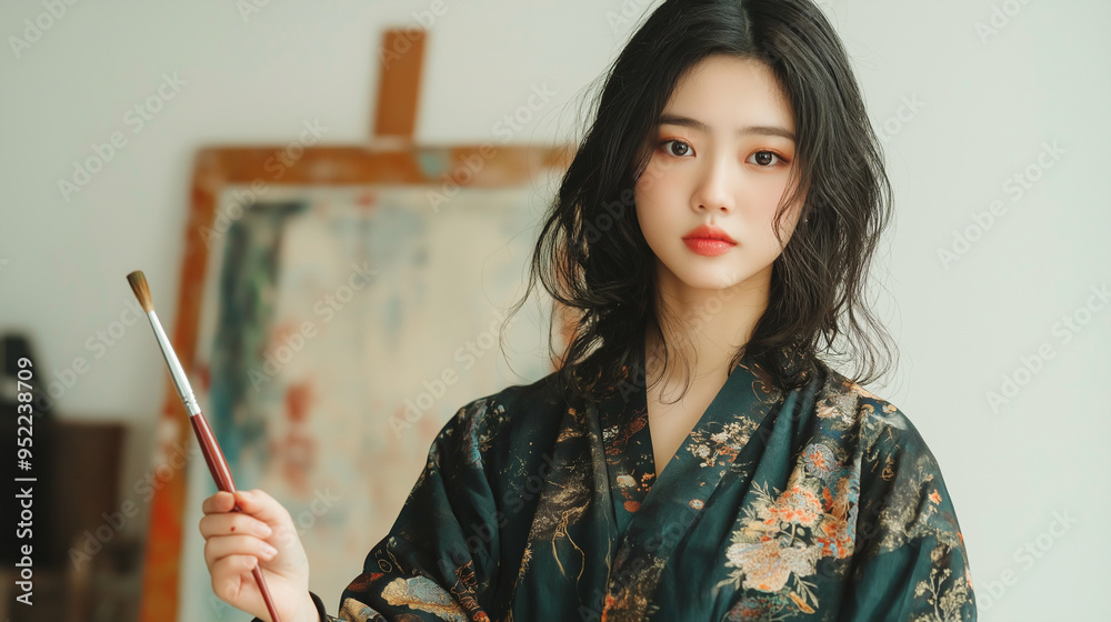 Portrait of a young Asian woman in traditional artist's smock, holding ...