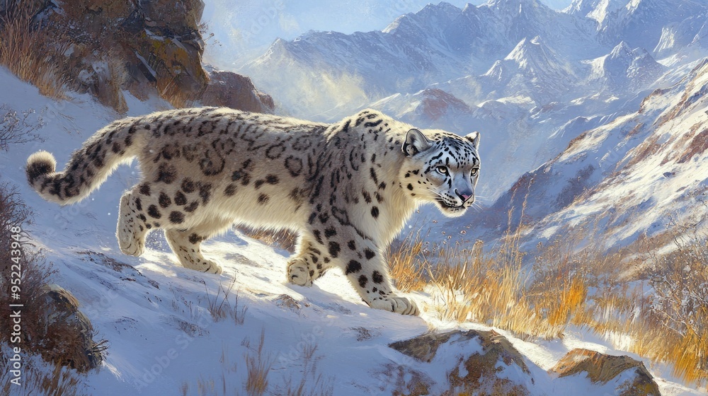 A snow leopard gracefully navigating the rugged terrain of the ...