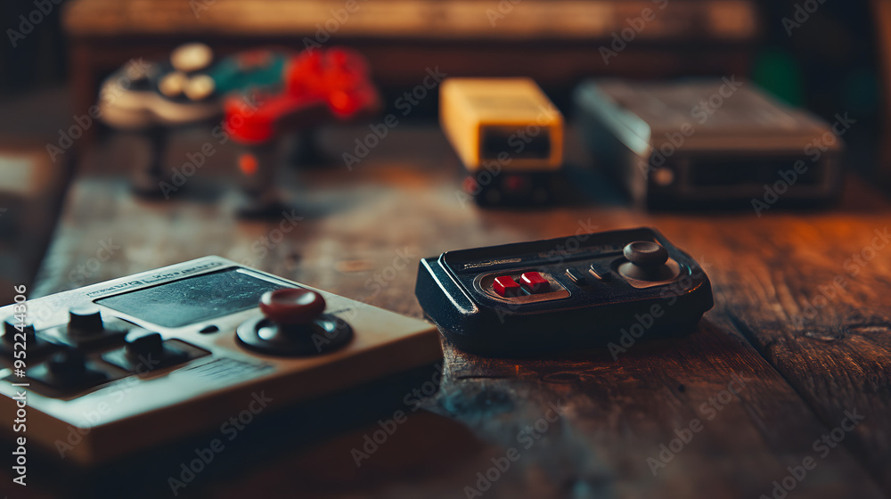 vClose-up of vintage video game cartridges and classic game controller ...