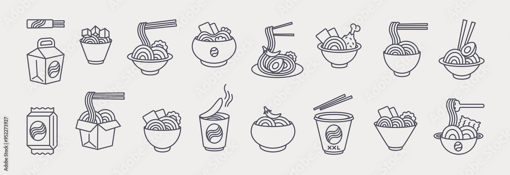 Noodle icons. Japanese food. Asian ramen. Chinese chopsticks. Pasta ...