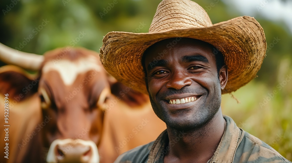 Cows thinking or happy black man on farm agriculture for livestock ...