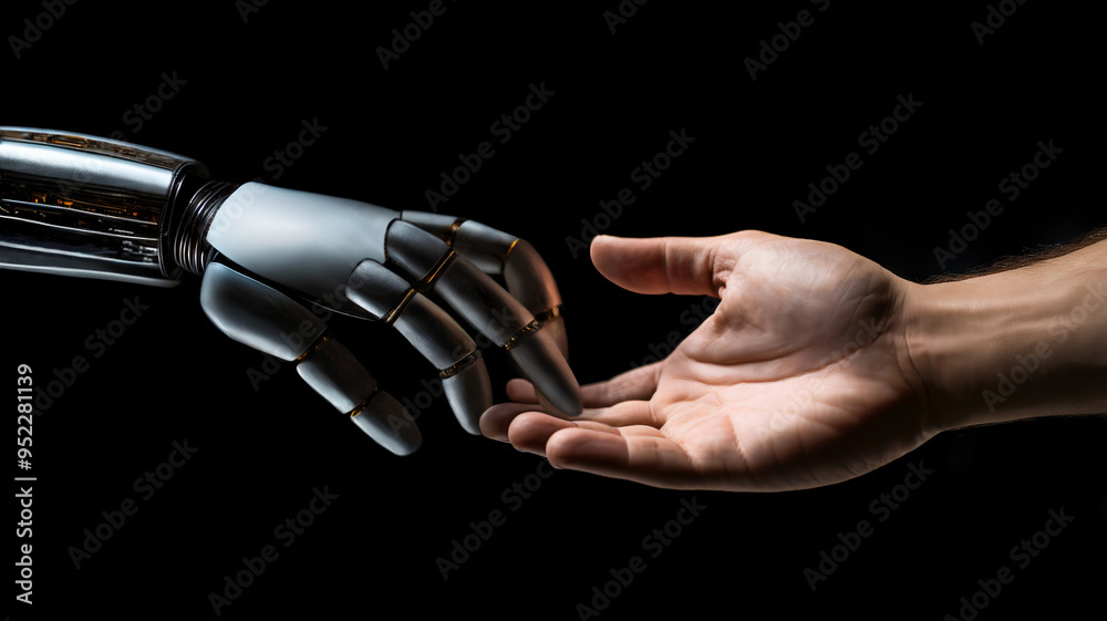 Robot hand gently touching with its metal fingers the human hand of a ...
