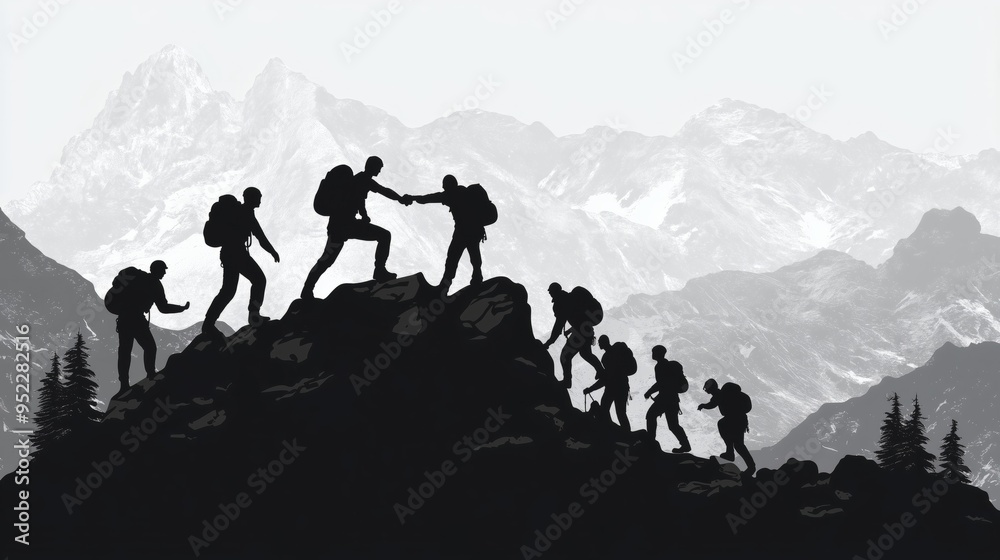 business. teamwork helps hand down business silhouette concept. a group of tourists lend a ...