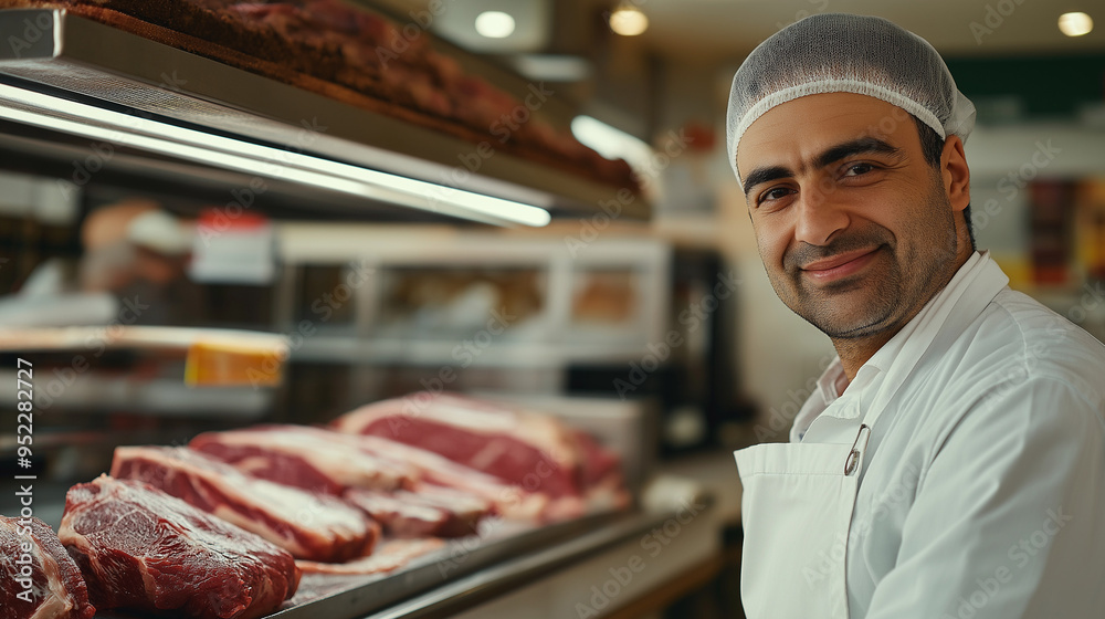Smiling portrait of butcher wearing hair net behind counter of meat ...