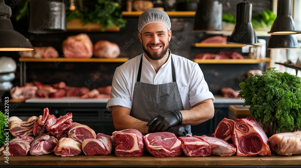 Smiling portrait of butcher wearing hair net behind counter of meat ...