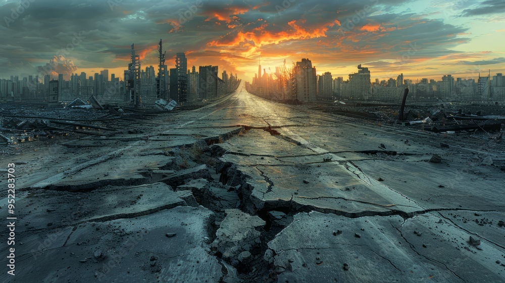 The city skyline is a chaotic mix of earthquake damage, with roads ...