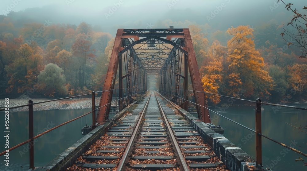 Classic tied-arch railroad bridge, aged and rusty, crossing a river and ...