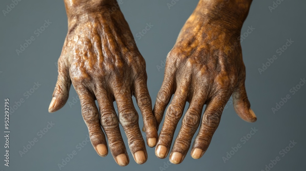 Hands displaying lesions with areas of hyperpigmentation and ...