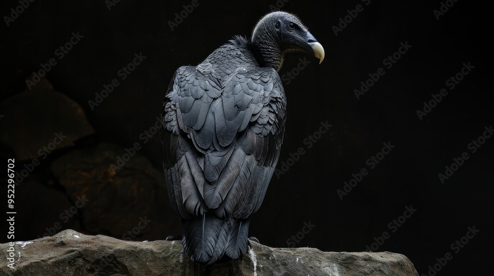 An ominous black vulture, evil and merciless, sits on a rock, its eyes ...