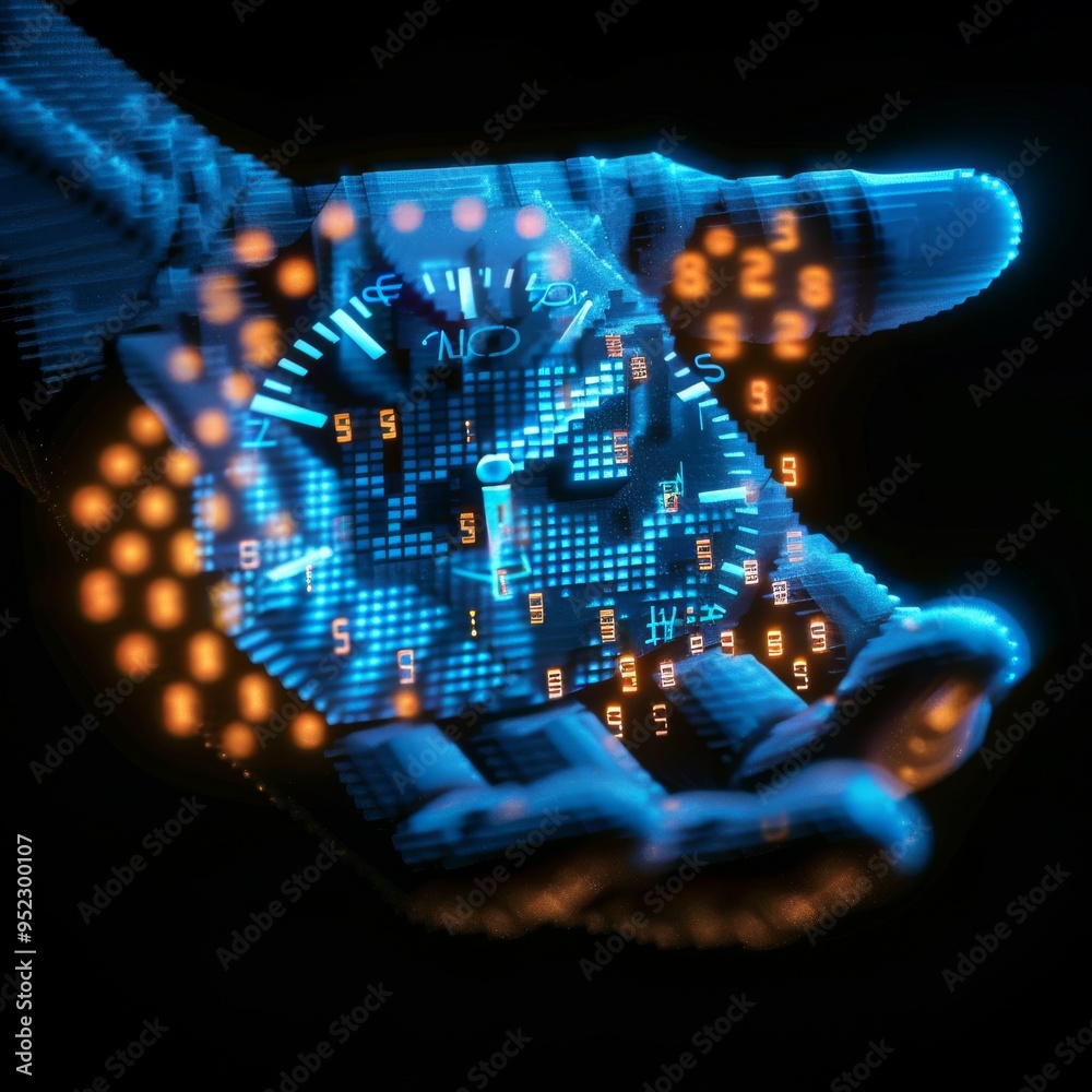 Digital clock seamlessly fused into a hand, symbolizing efficient ...