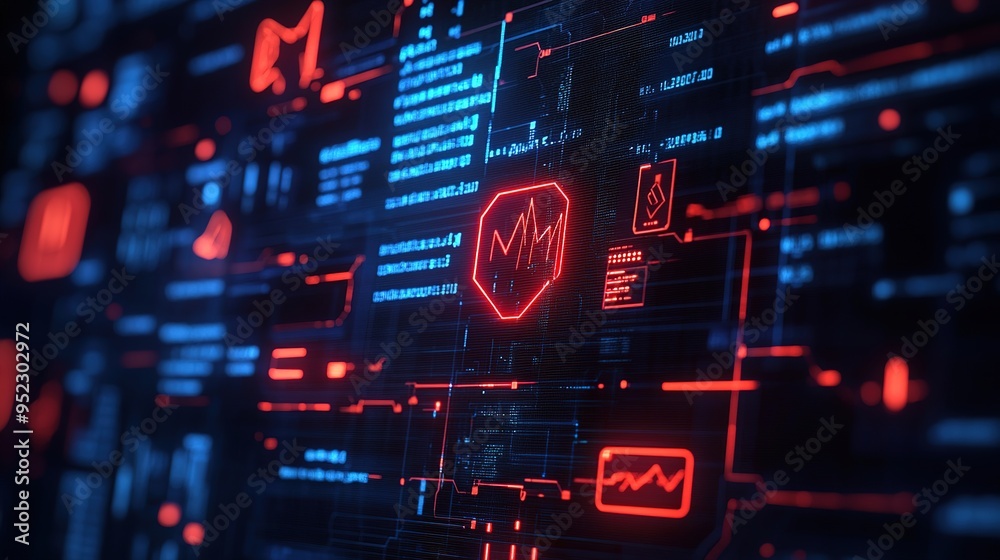 Computer network screen with a prominent system hacked alert and red ...