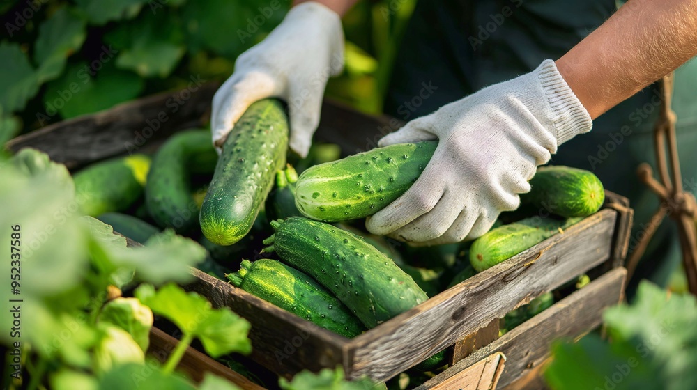 Harvest of fresh green cucumbers. Hands of a farmer in work clothes and ...
