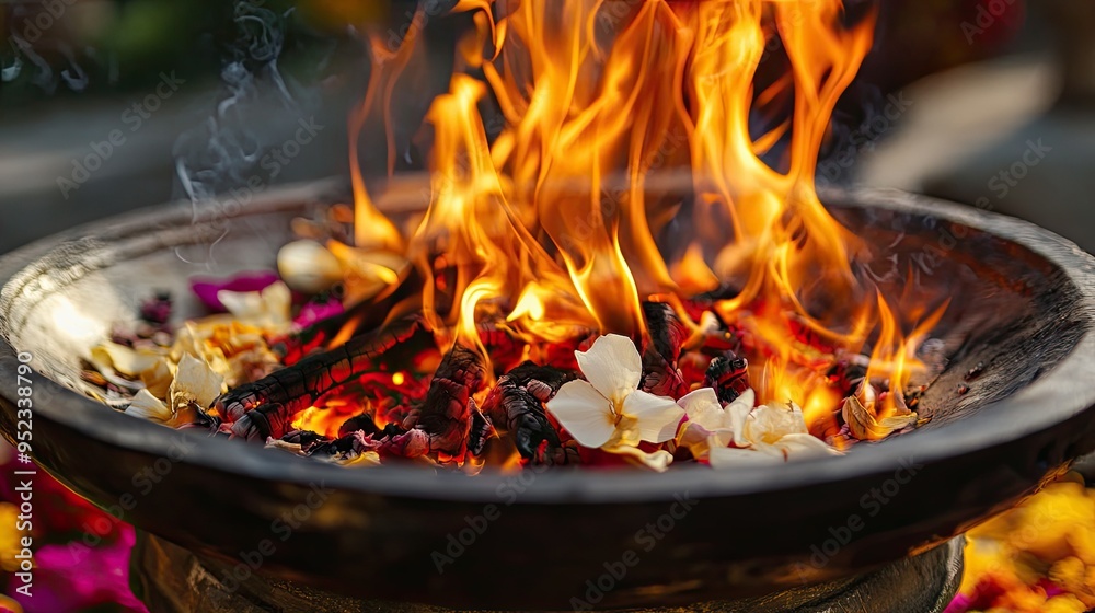 Ritual fire (yagna) with flames and space for text. Sacred offering in ...