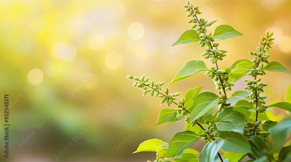 Sacred Tulsi plant with space for text on a soft background. Holy plant ...