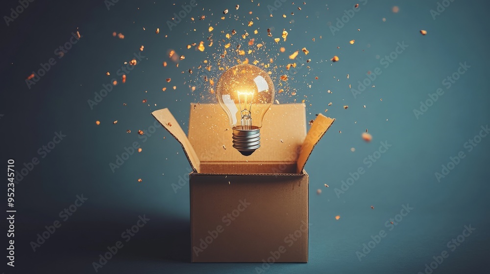 Out-of-the-box thinking, box breaking open with ideas, minimal white ...