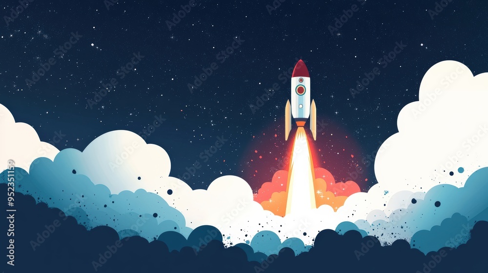 Rocket launching to a star, simple shapes, minimal flat design ...