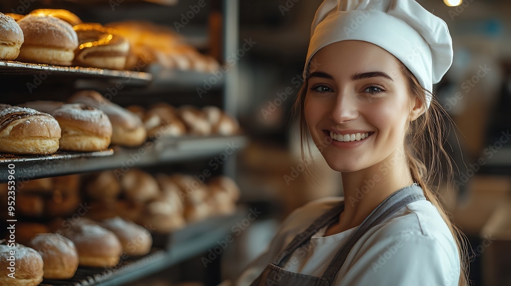 smiling beautiful woman baker in uniform stands near the oven before ...