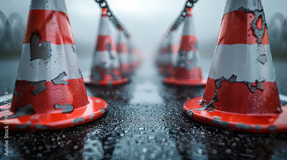 Traffic cones red and white linked by chains lining the road Stock ...