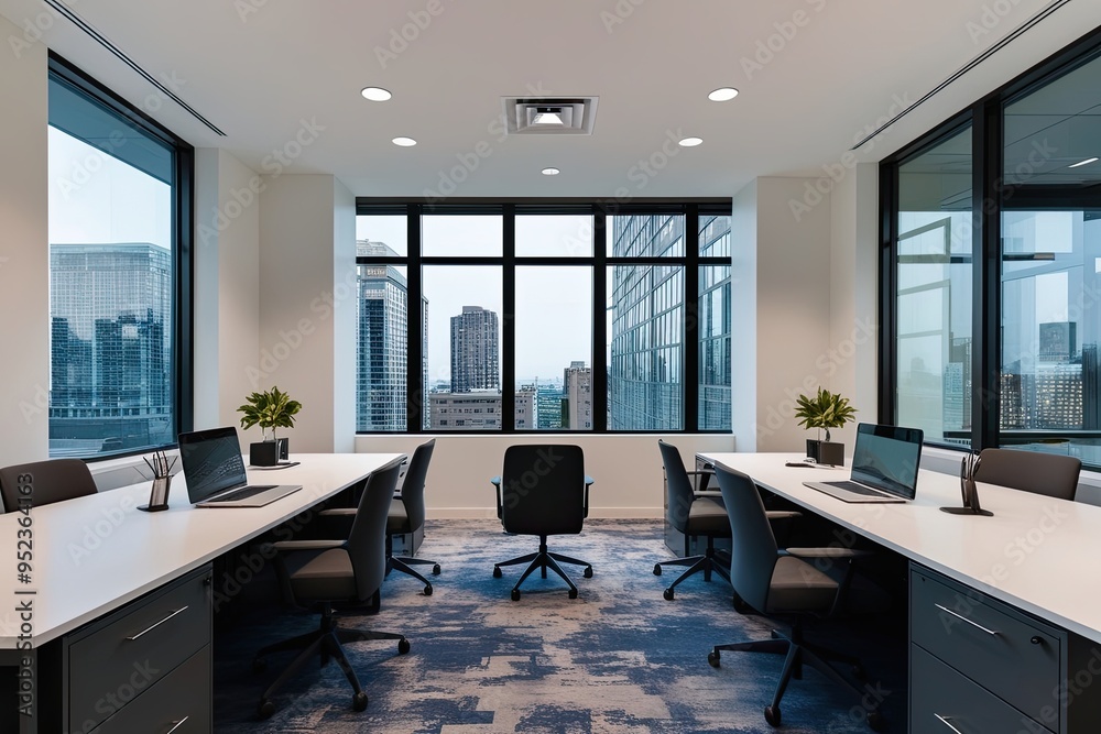 Contemporary Office Design with Large Windows Ergonomic Desk Setup and ...