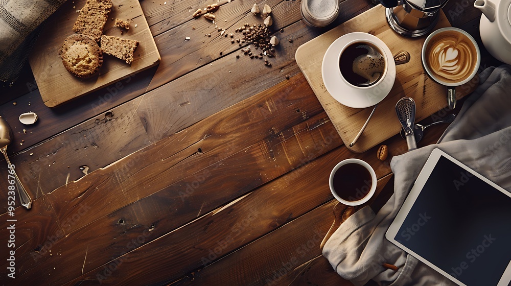 Overhead perspective of a chic cafe table with cold brew coffee, a ...