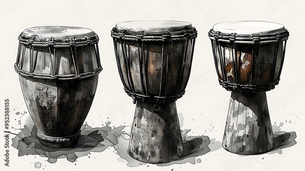 Three traditional African drums, a djembe, a bongos, and a conga drum ...
